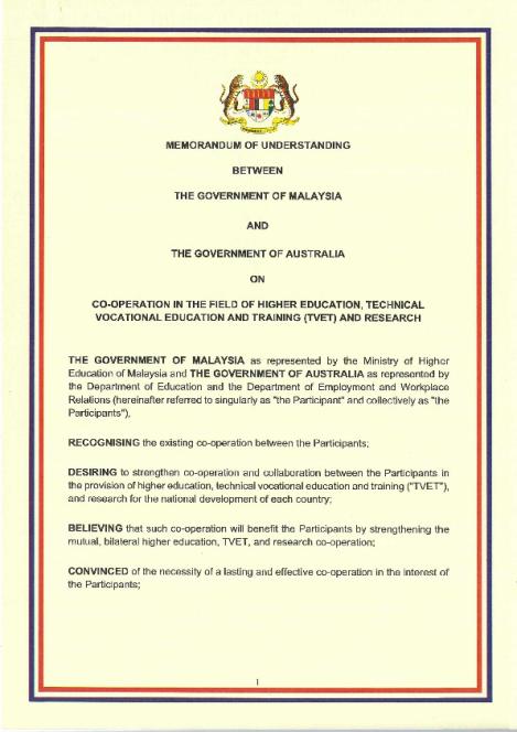 MOU with Malaysia - Ministry of Higher Education - signed 4 March 2024 - Department of Education ...